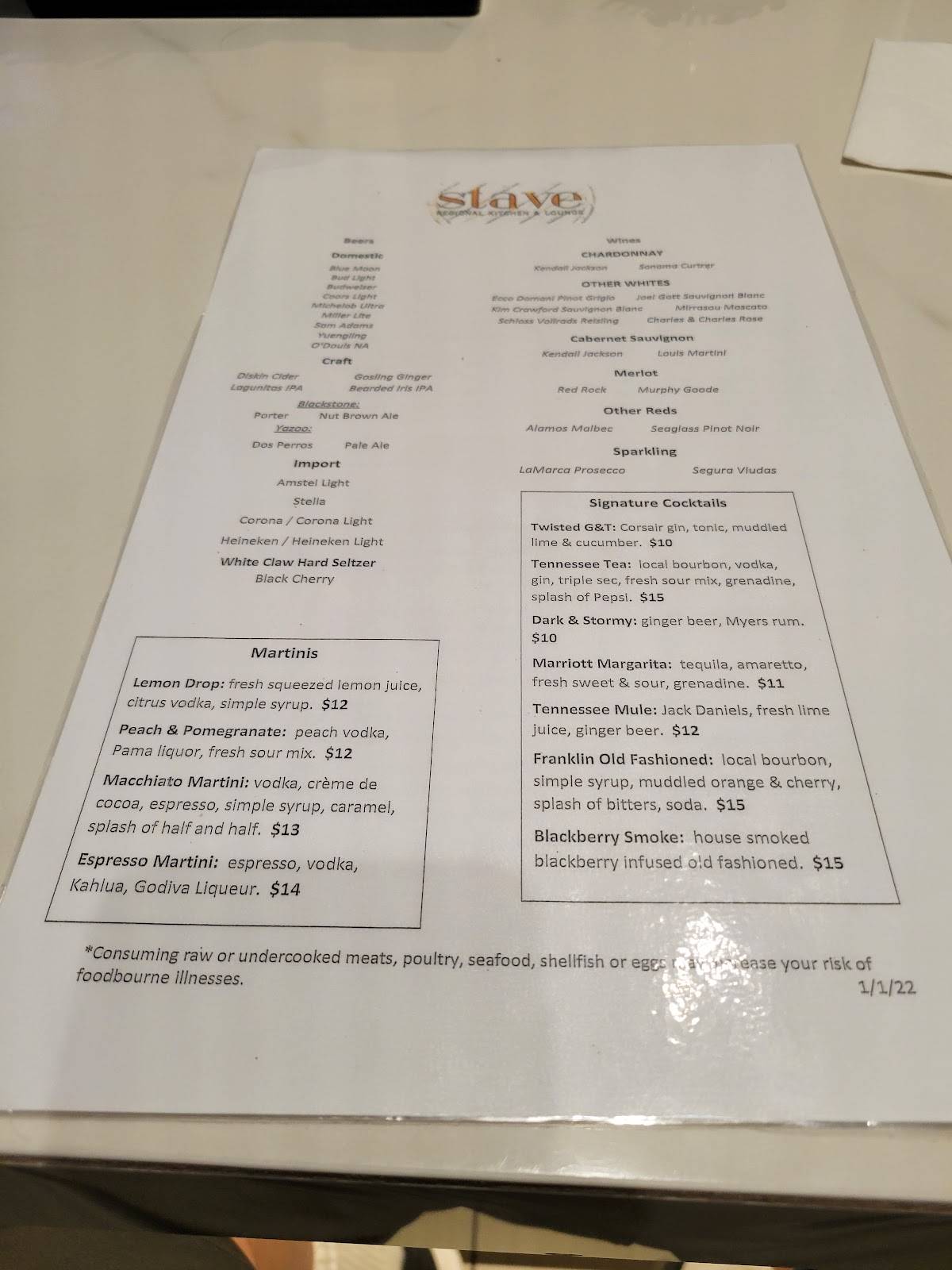 Menu at Stave Regional Kitchen and Lounge restaurant, Franklin