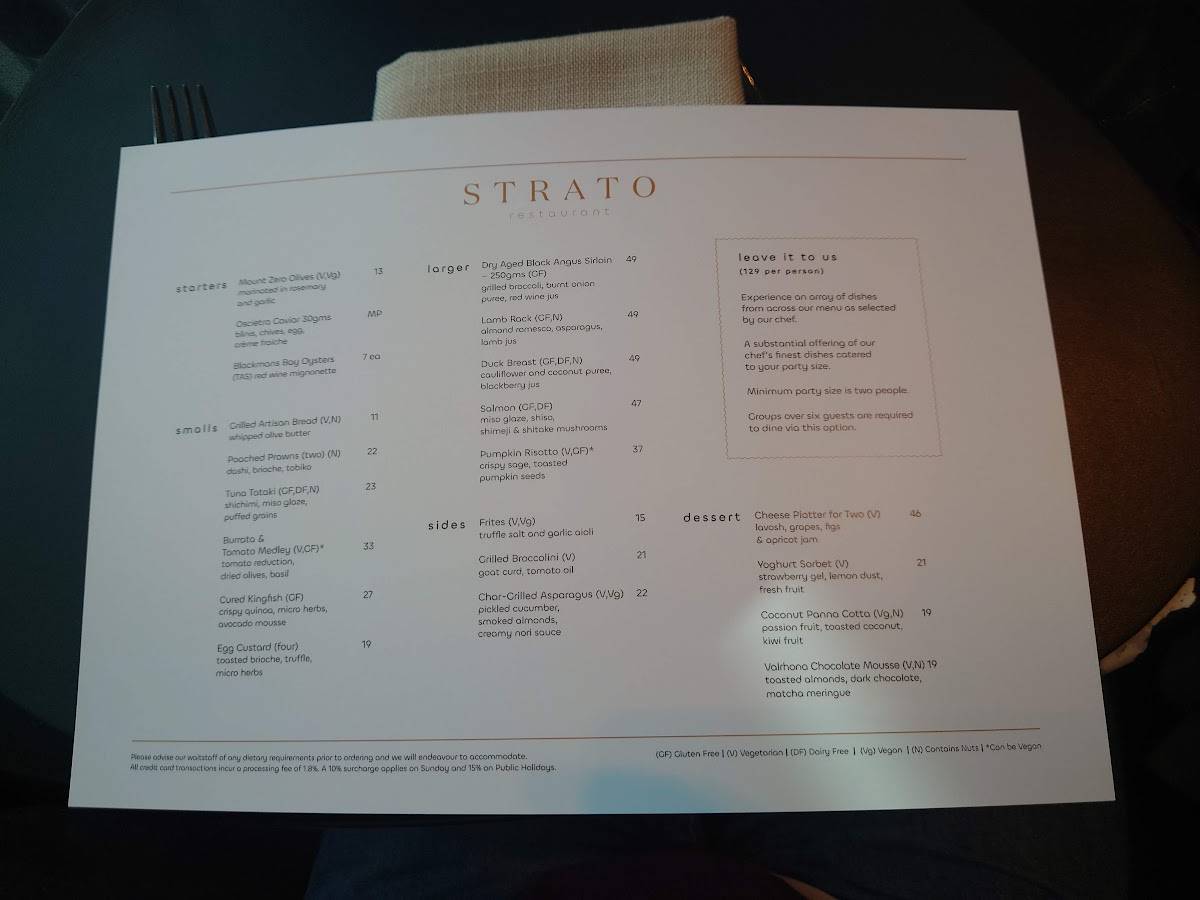Carta de Strato Melbourne - Bar and Restaurant, Southbank