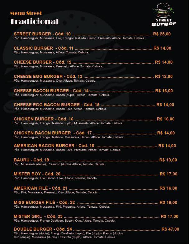 Menu em Street Burger restaurante, Feira de Santana