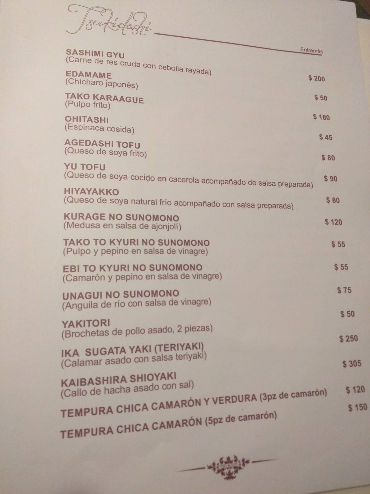 Carta del restaurante Suehiro, Guadalajara