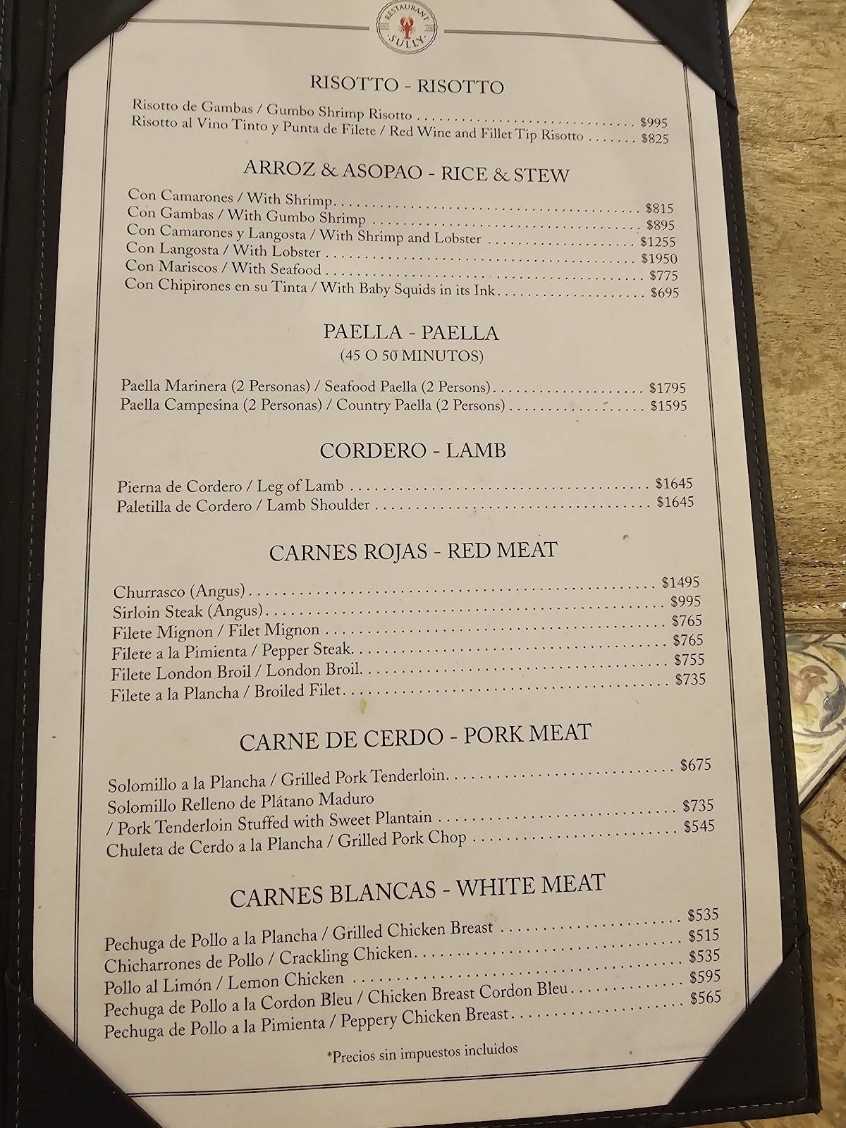 Menu at Restaurant Sully, Santo Domingo