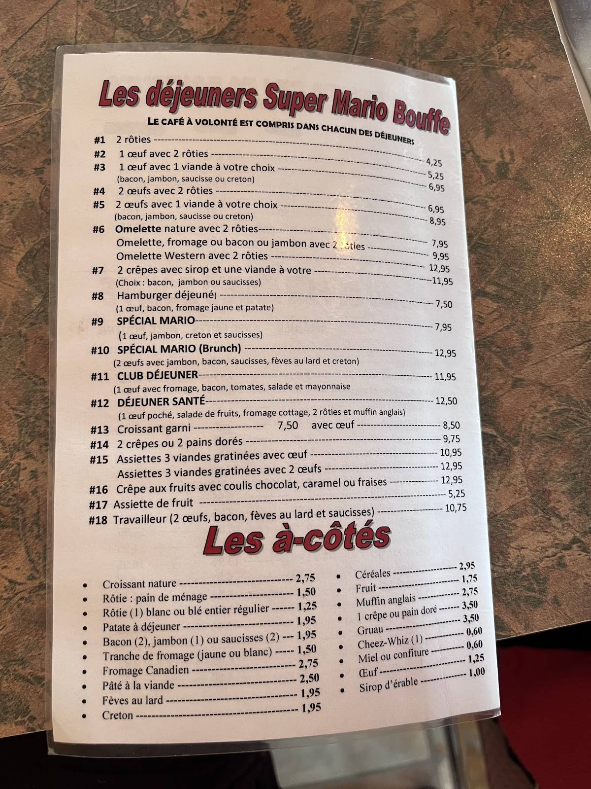 Menu au Restaurant Super Mario Bouffe Enr 2002, Saint-Félicien