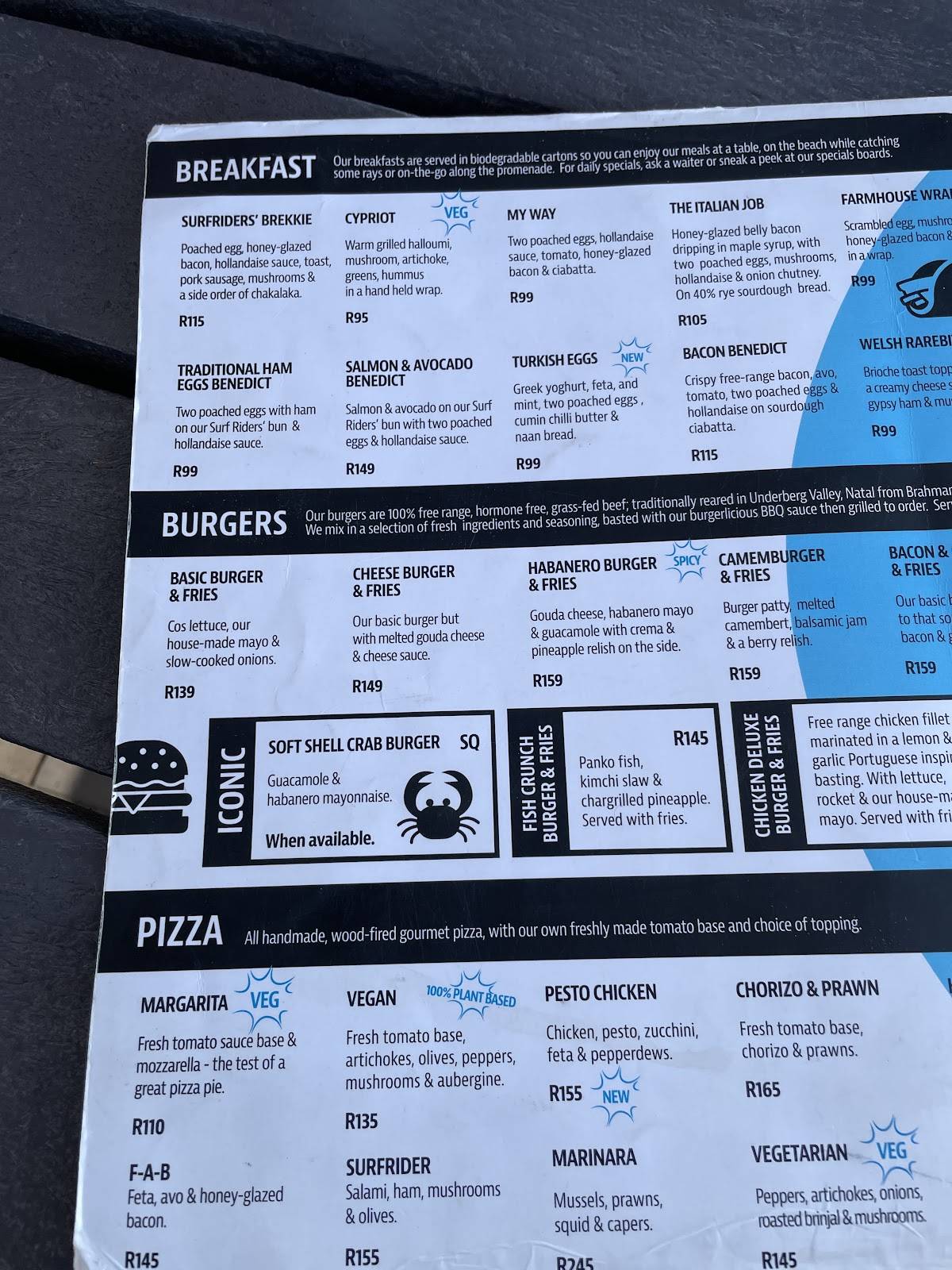Menu at Surf Riders Cafe, Durban