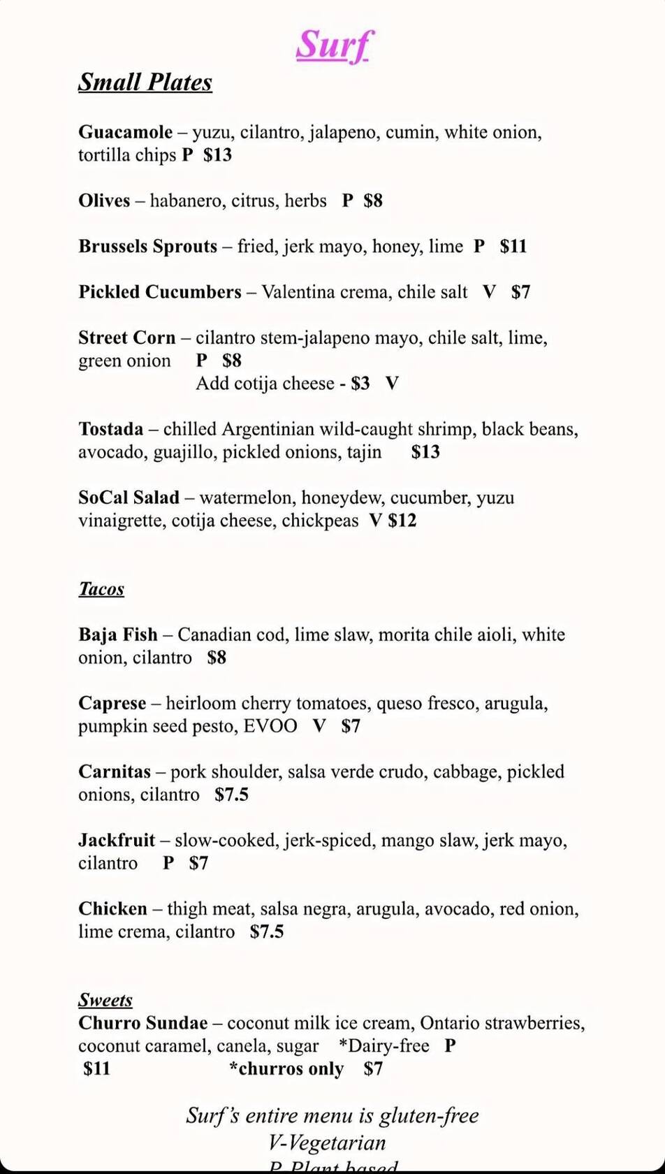 Menu at Surf pub & bar, Whitby