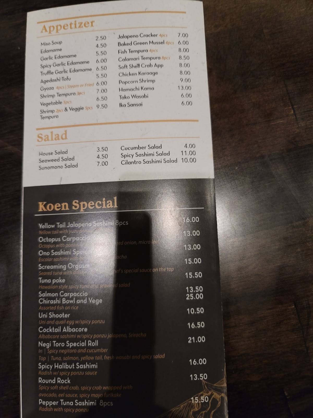 Menu at Sushi Koen restaurant, Round Rock