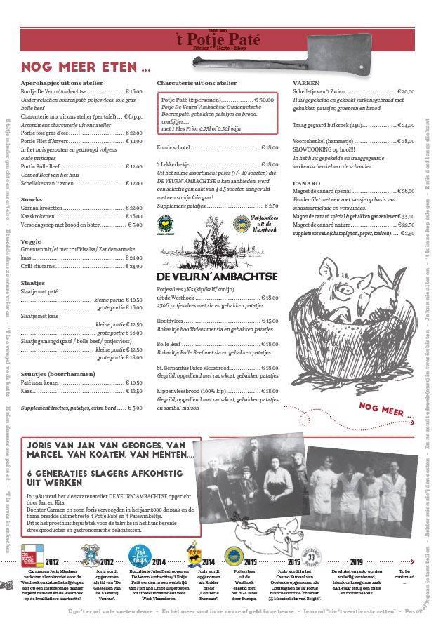 Menu at ‘T Potje Paté, Alveringem
