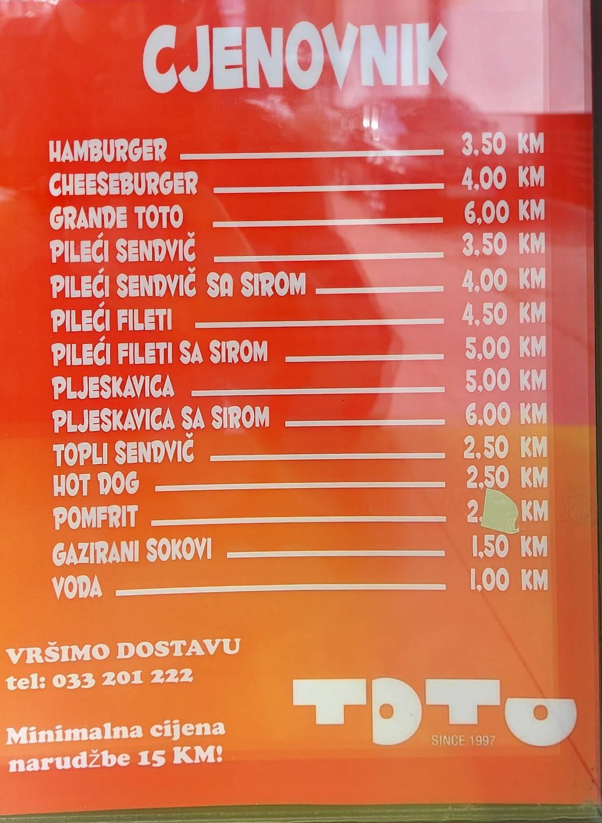 Menu au TOTO Fast Food, Sarajevo