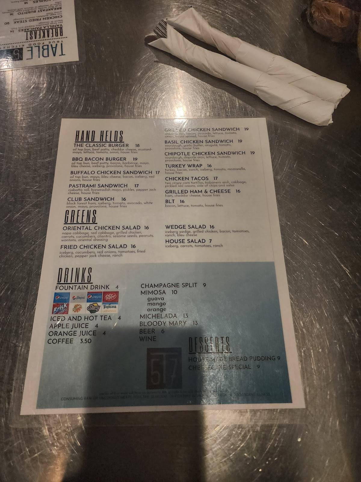 Menu at Table 57 restaurant, Visalia