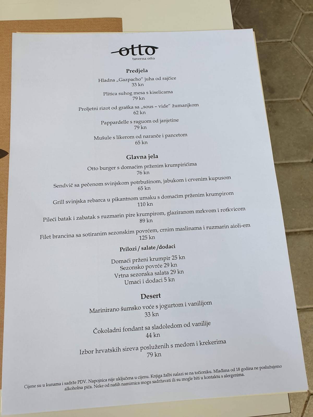 Menu at Taverna Otto restaurant, Dubrovnik