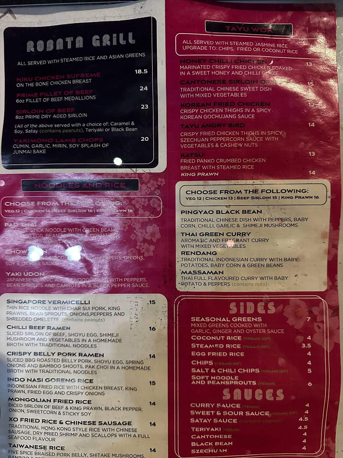 Menu at Tayu Pan Asian restaurant, Gateshead