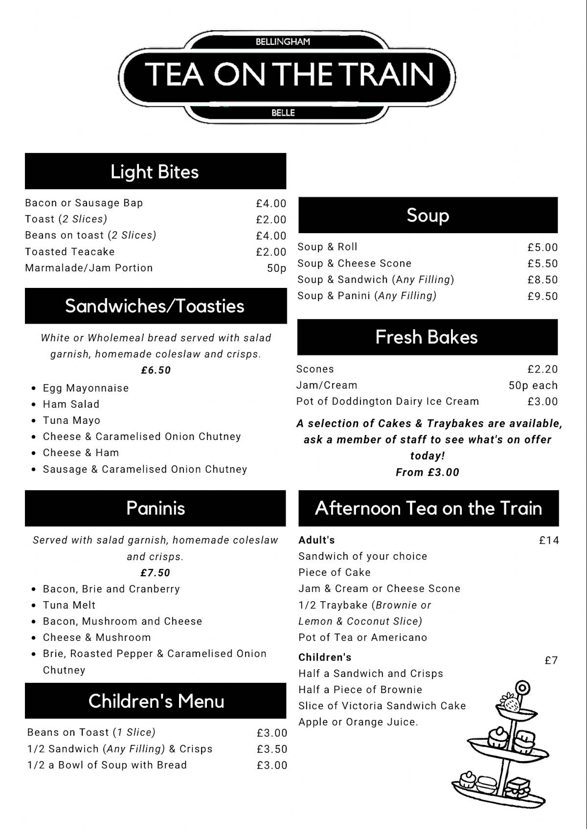 Menu at Tea on the Train restaurant, Bellingham