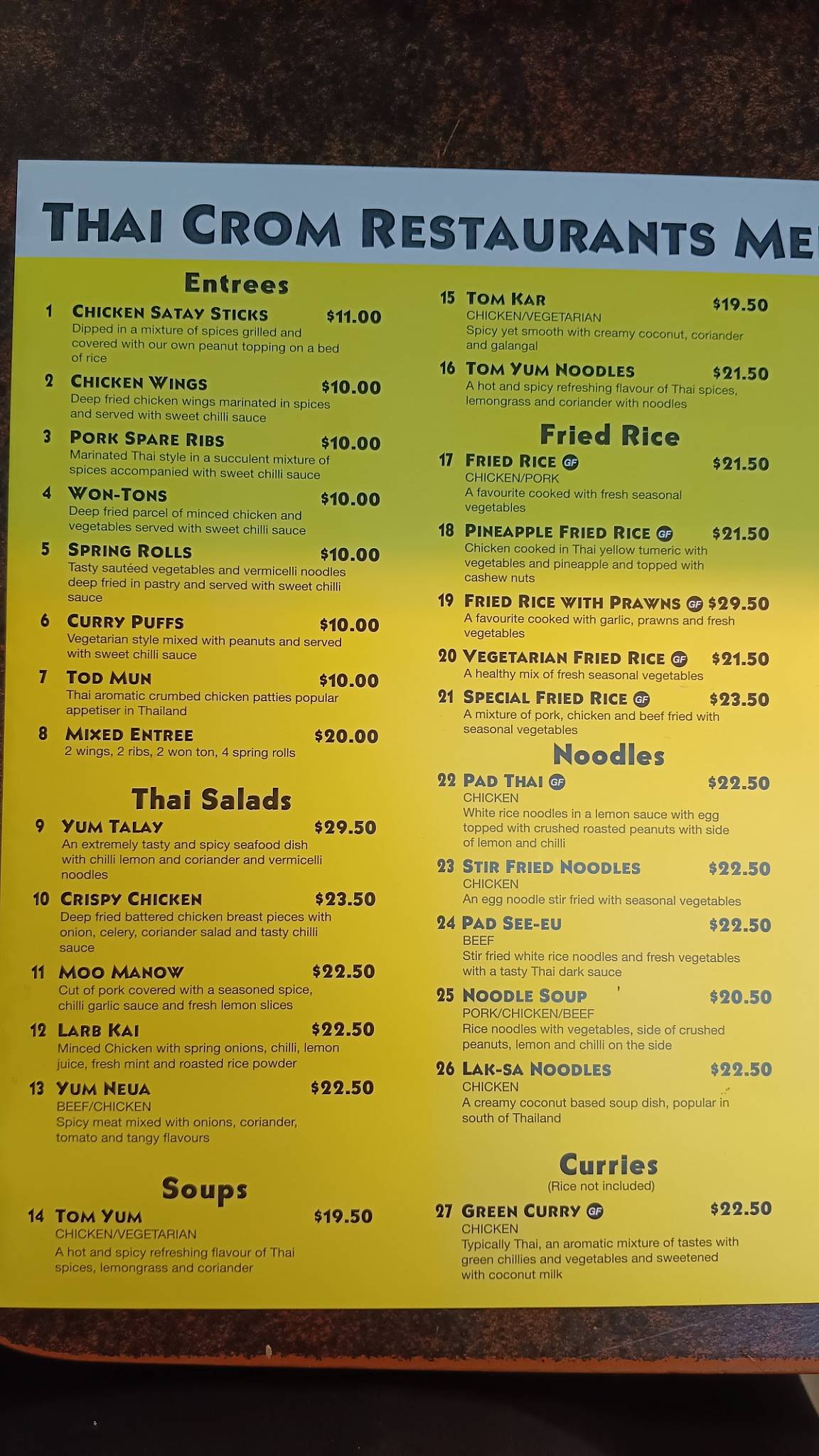 Menu at Thai Crom restaurant, Alexandra