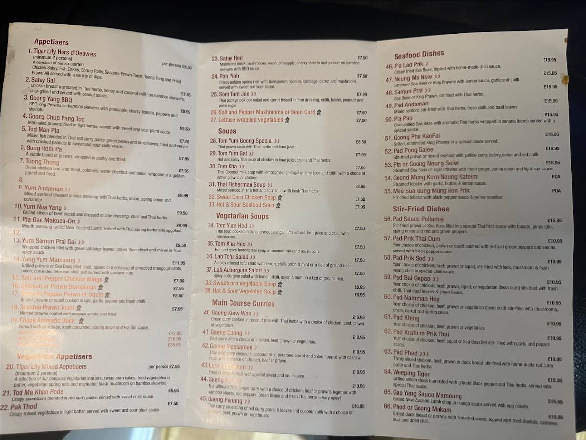 Menu at Thai Restaurant Tiger Lily, Isleworth