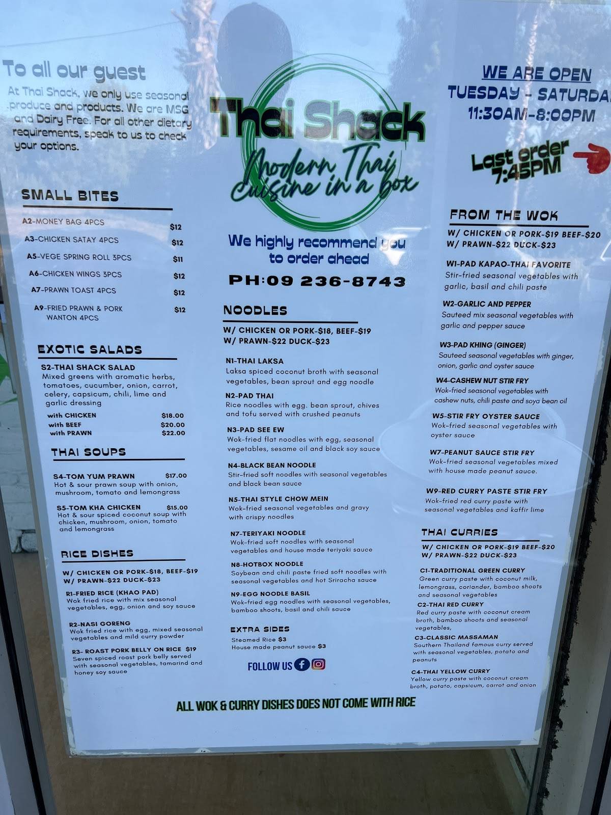 Menu at Thai Shack restaurant, Tuakau