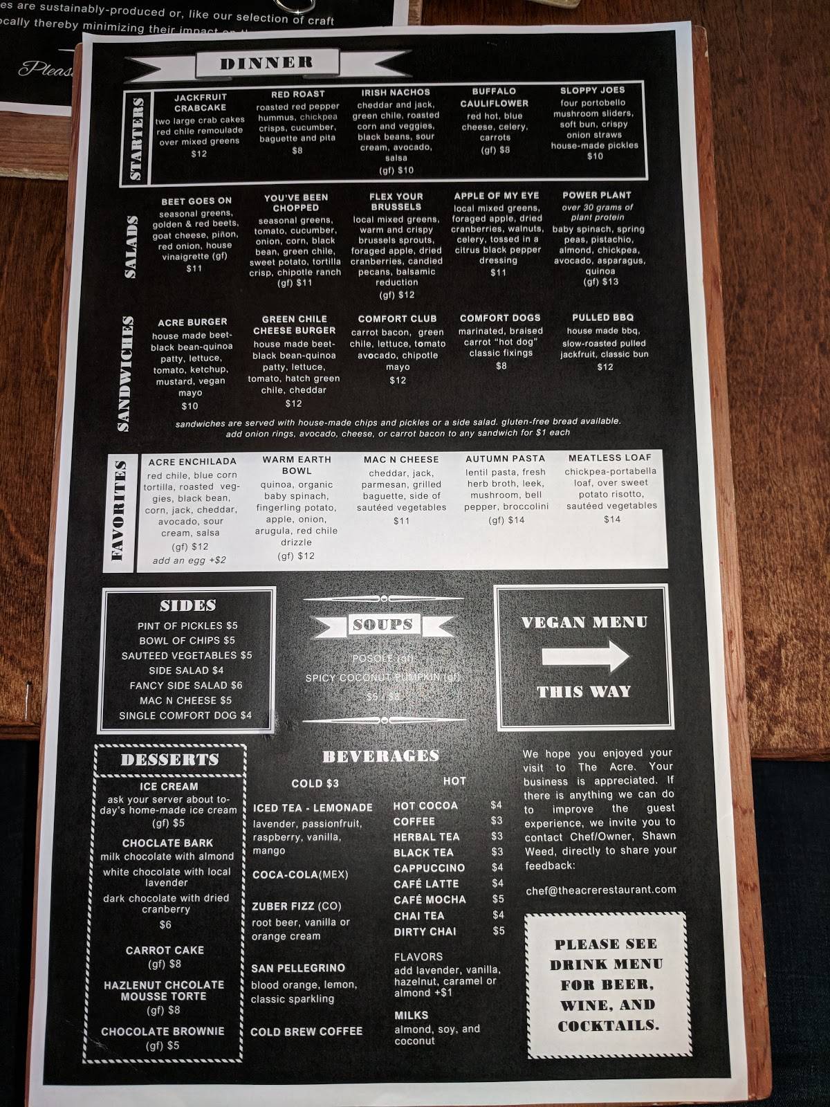 Menu at The Acre restaurant, Albuquerque