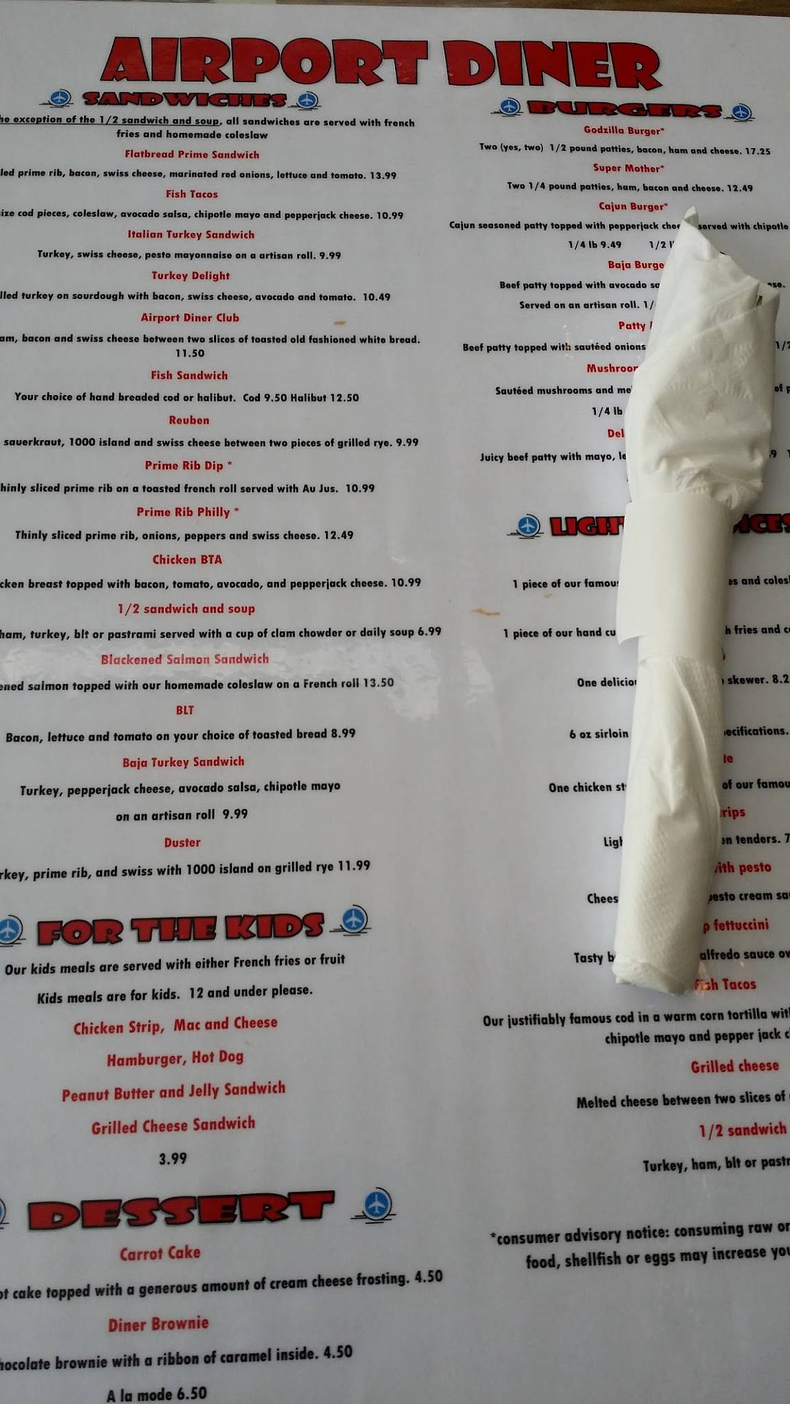 Menu at The Airport Diner restaurant, Bremerton