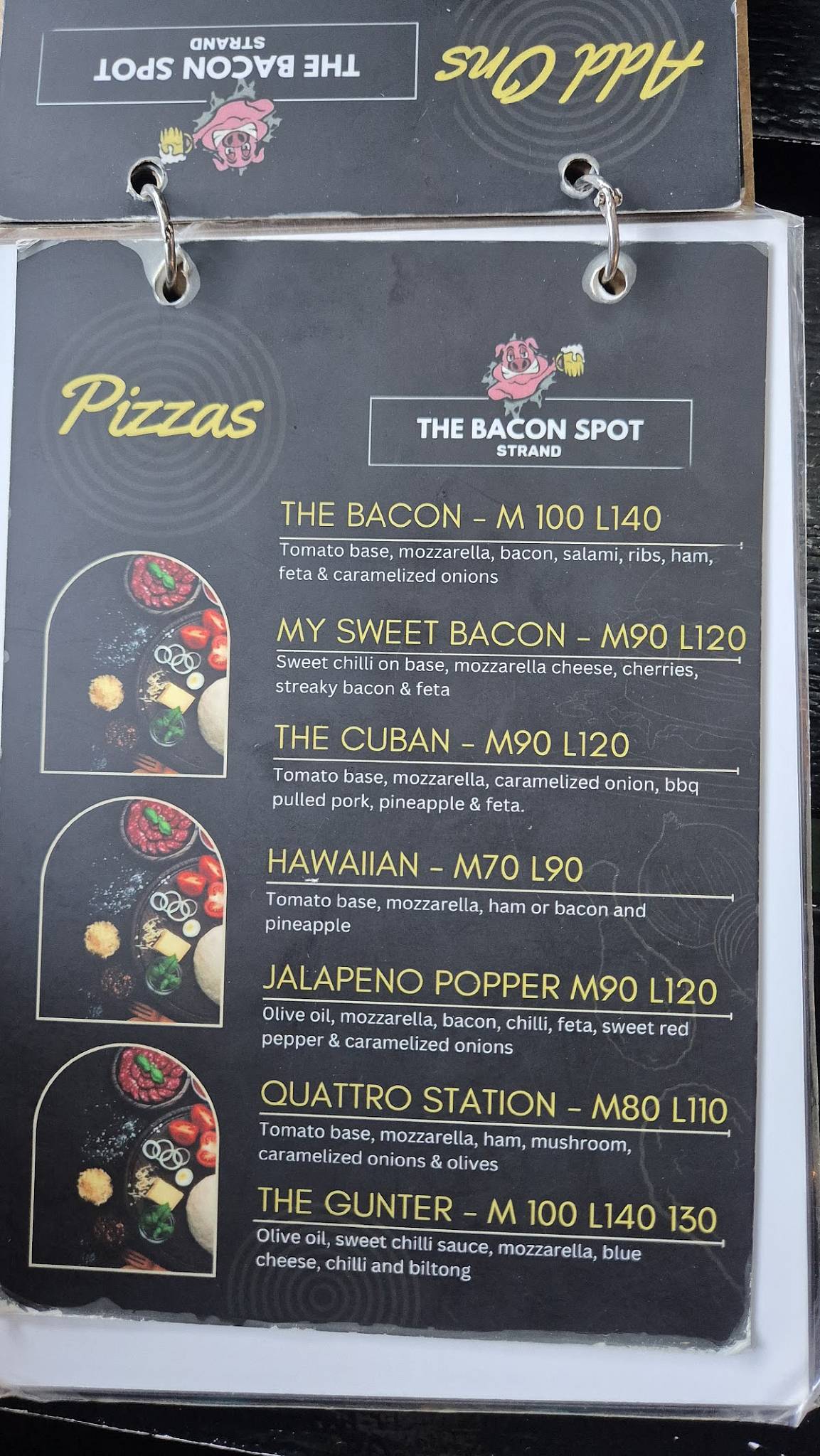 Menu at The Bacon Spot restaurant, Cape Town