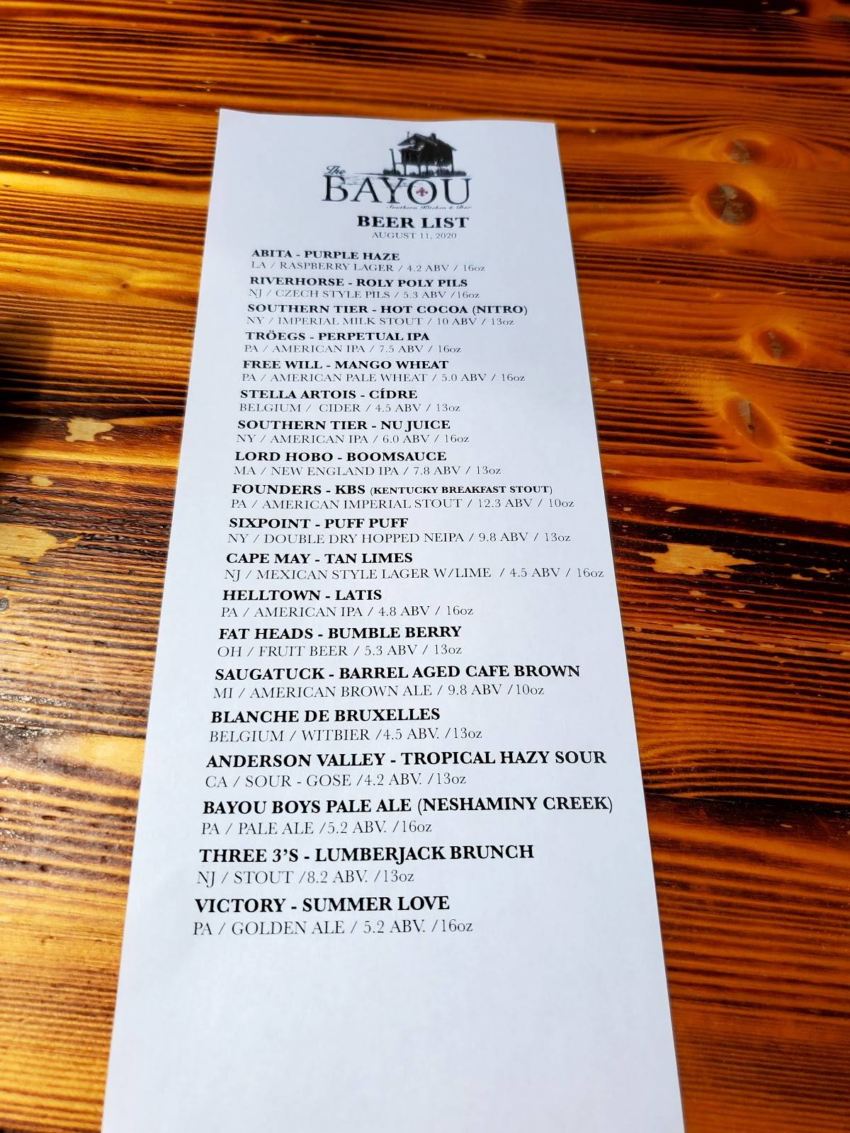 Menu at The Bayou restaurant, Bethlehem