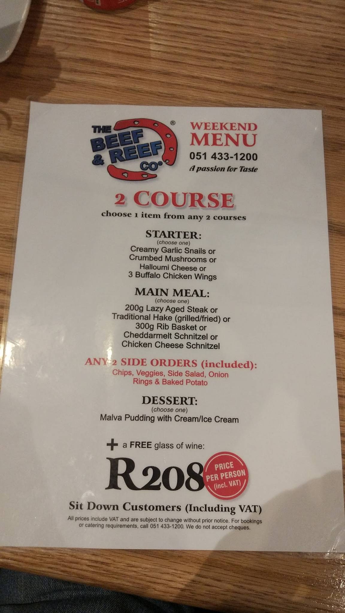 Menu at The Beef 'n Reef restaurant, Bloemfontein, Kenneth Kaunda Rd