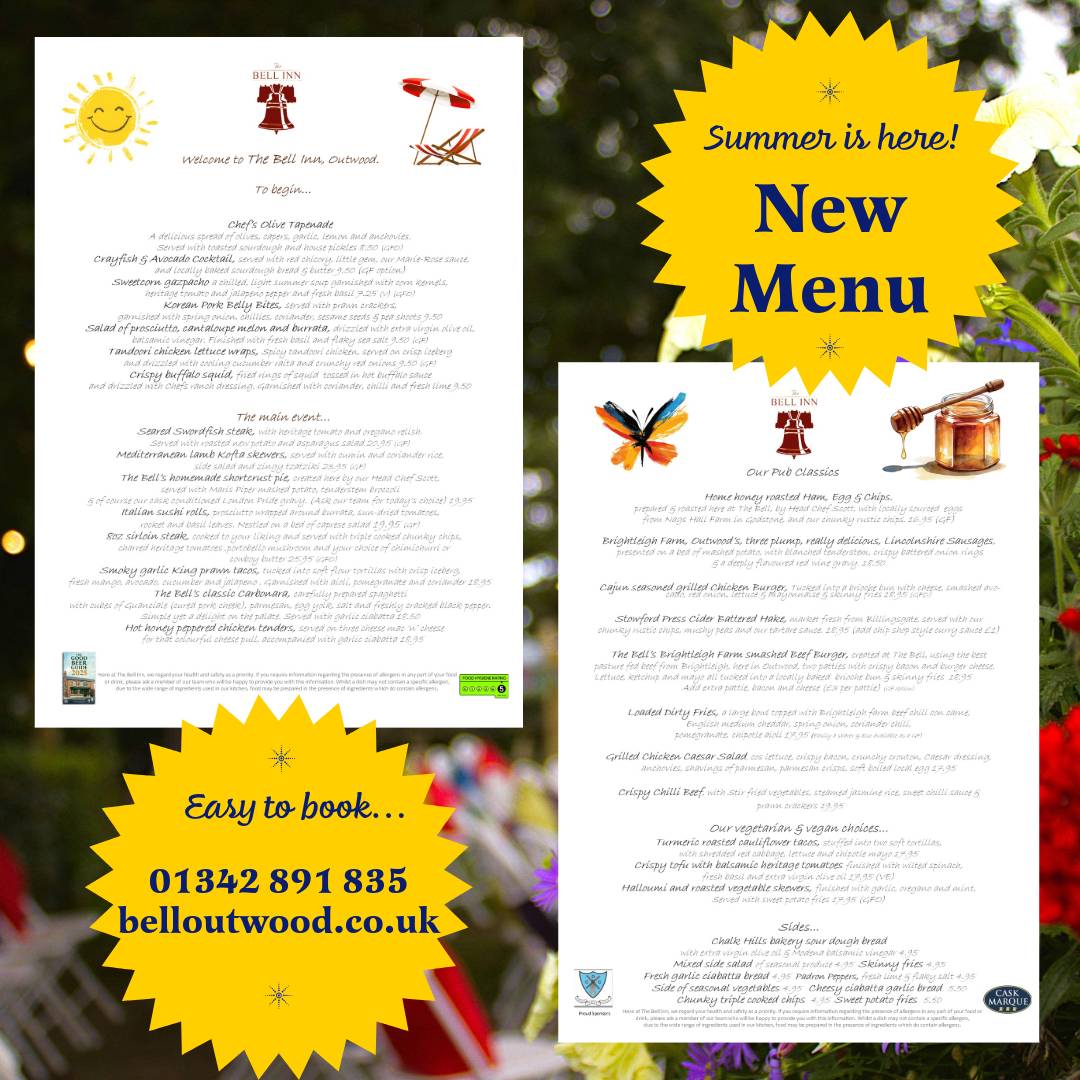 Menu at The Bell Inn, Outwood, Surrey. RH1 5PN restaurant, Outwood