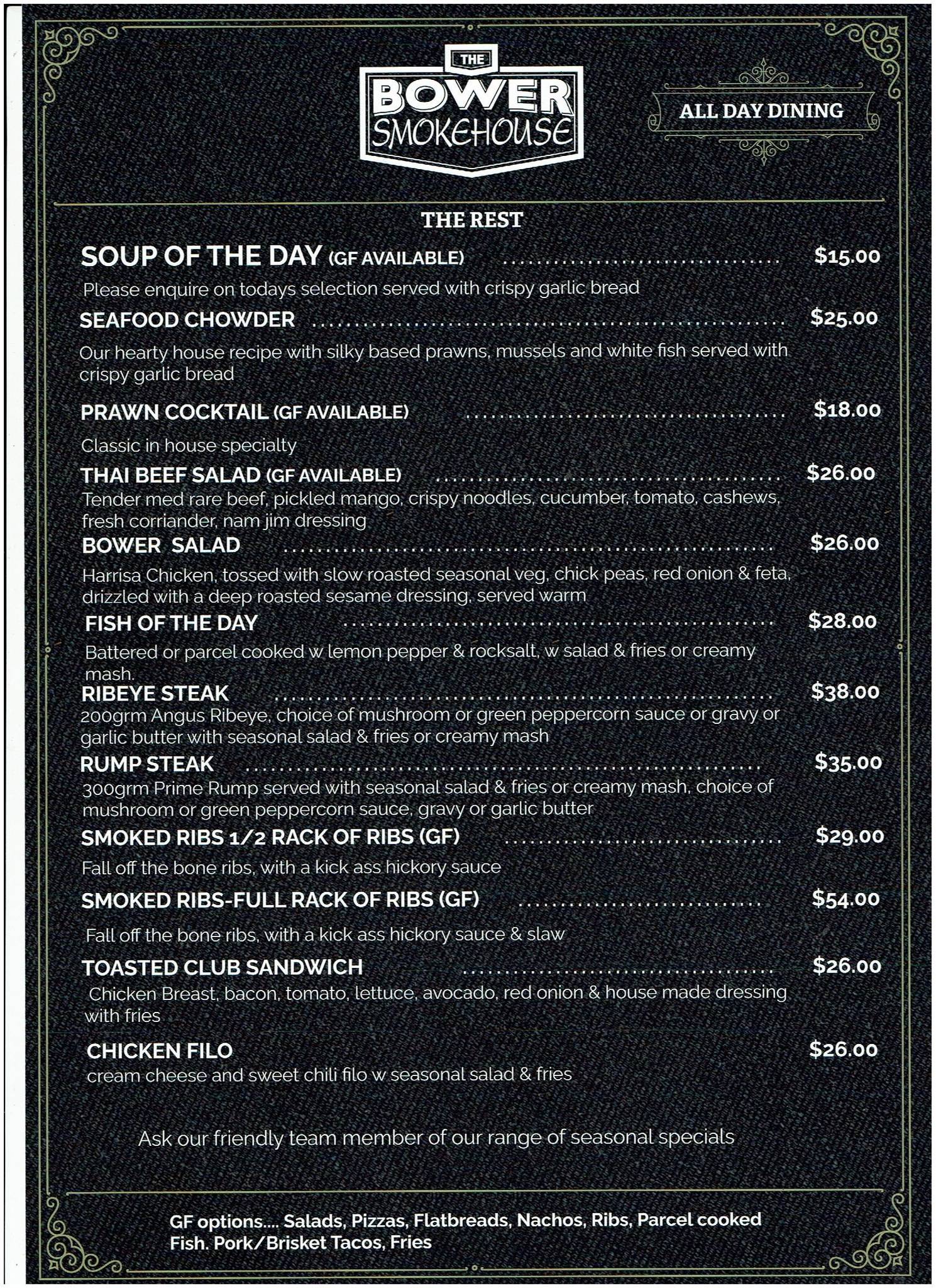 Menu at The Bower pub & bar, Christchurch