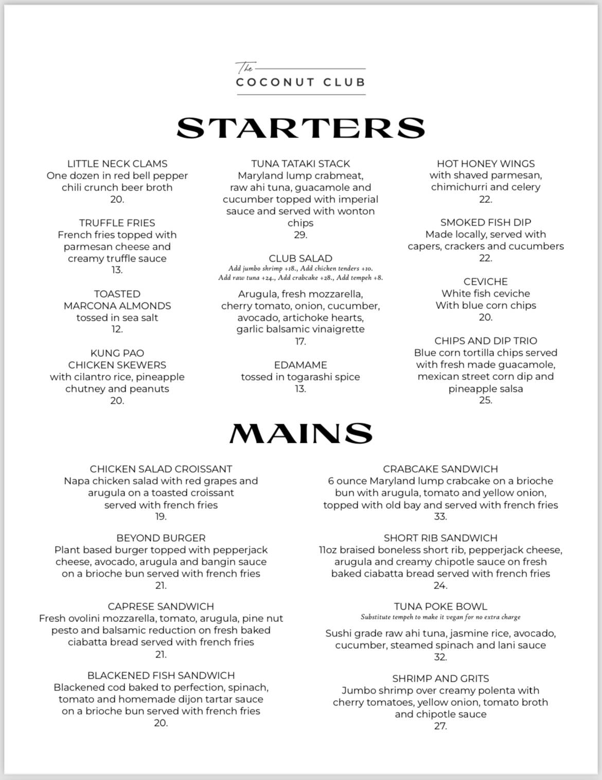 Menu at The Coconut Club, Ocean City