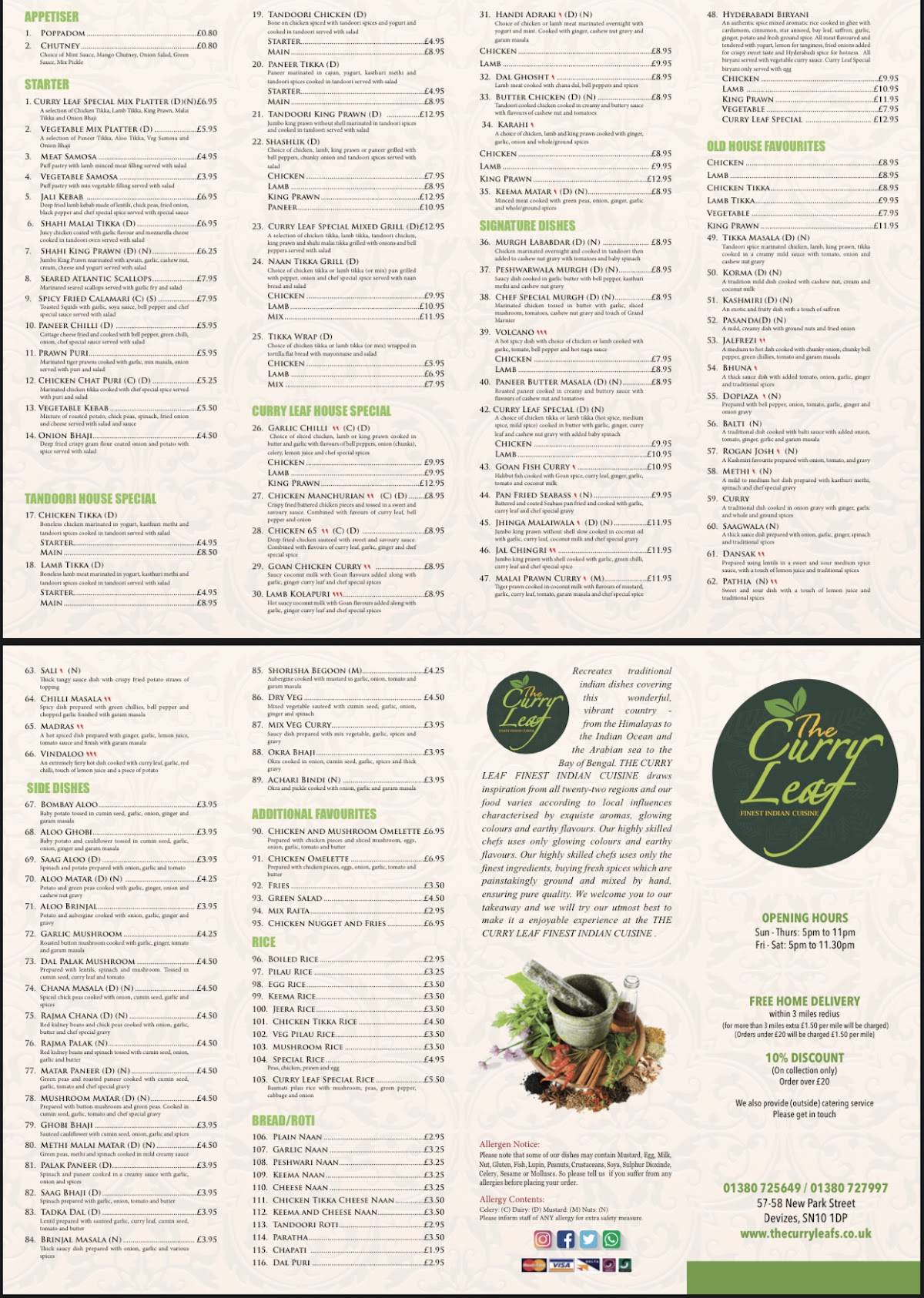 Menu at The Curry Leaf restaurant, Devizes