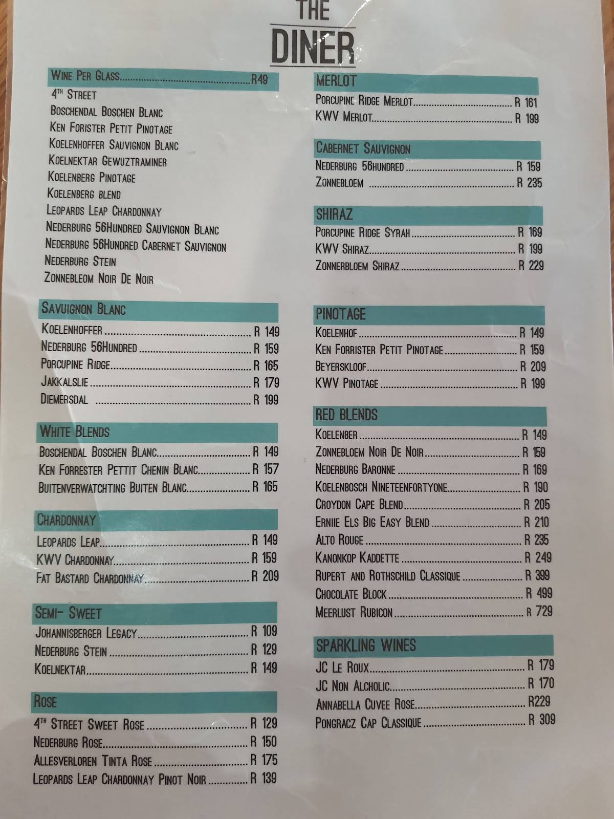Menu at The Diner restaurant, Krugersdorp
