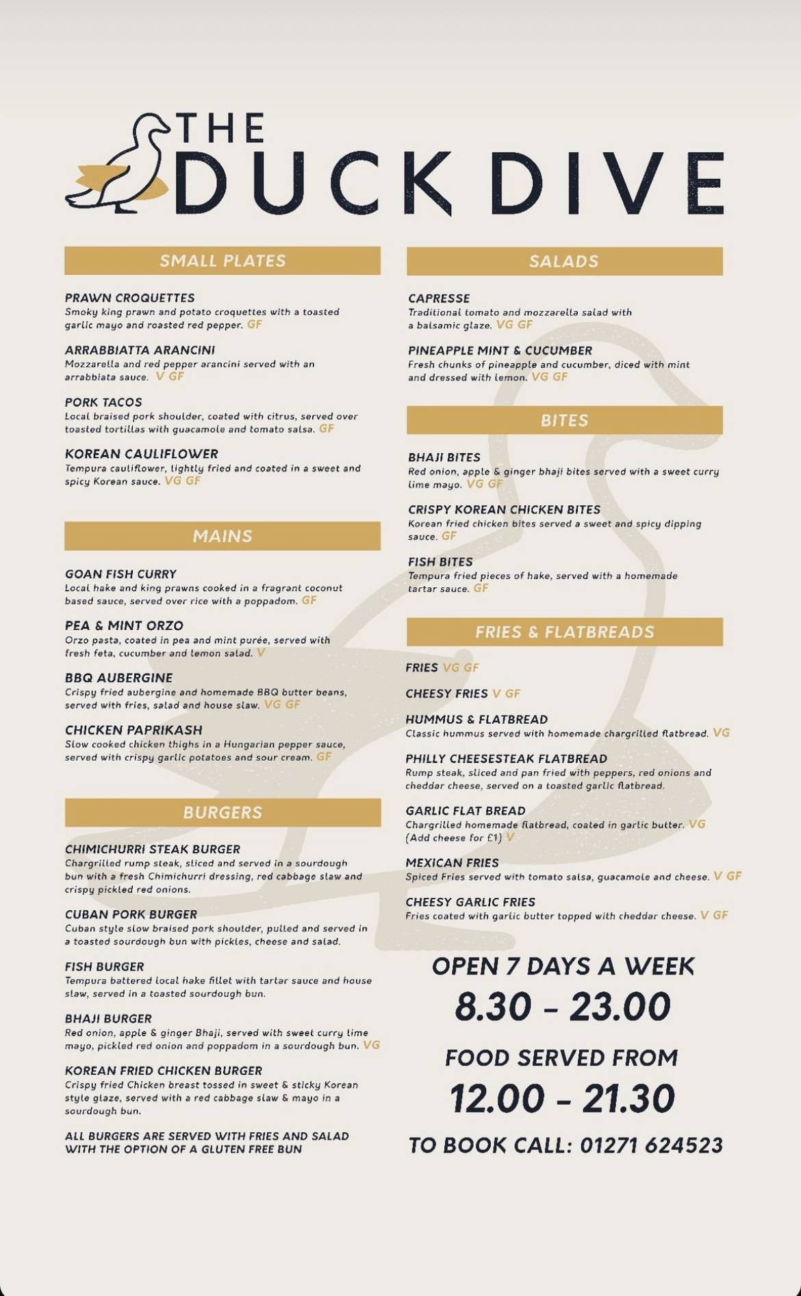 Menu at The Duck Dive restaurant, Braunton