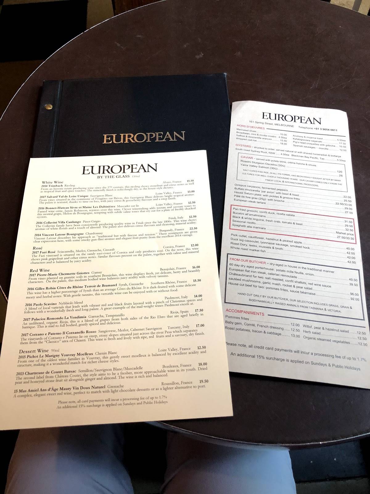 Menu at The European restaurant, Melbourne