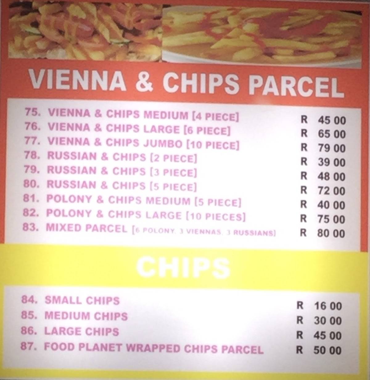 Menu at The Food Planet restaurant, Cape Town, 1 De Kock St
