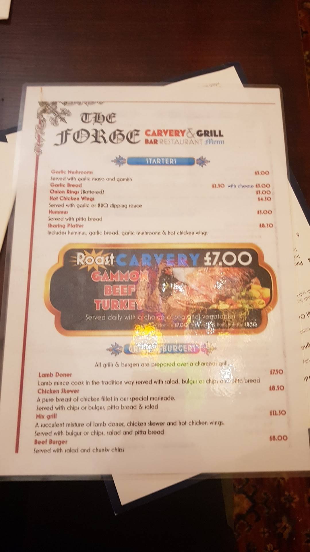 Menu at The Forge restaurant, Waltham Chase