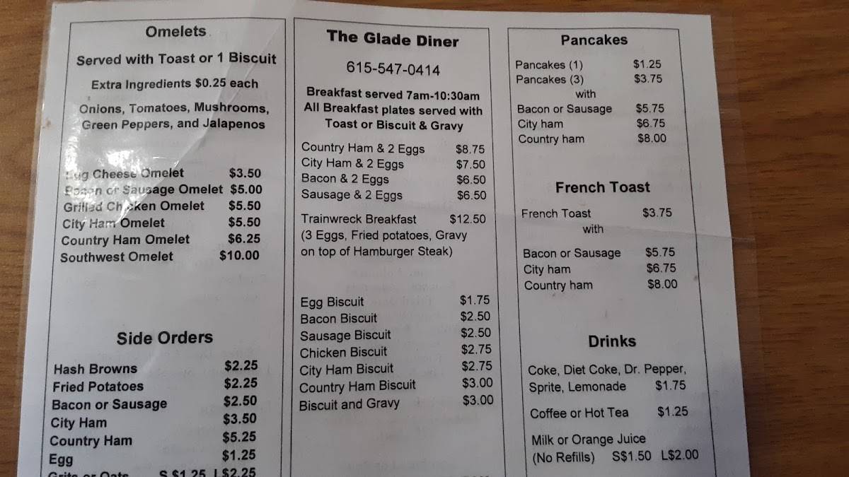 Menu at The Glade Diner restaurant, Mount Juliet