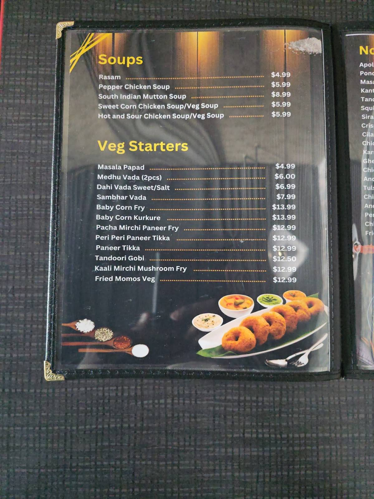 Menu at The Grand Chola restaurant, Calgary