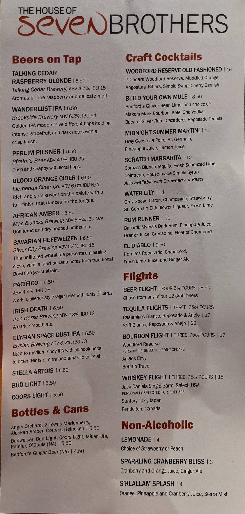 Menu at The House of Seven Brothers restaurant, Sequim