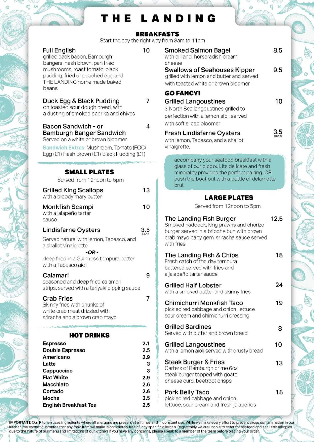 Menu at The Landing, Beadnell Bay restaurant, Beadnell