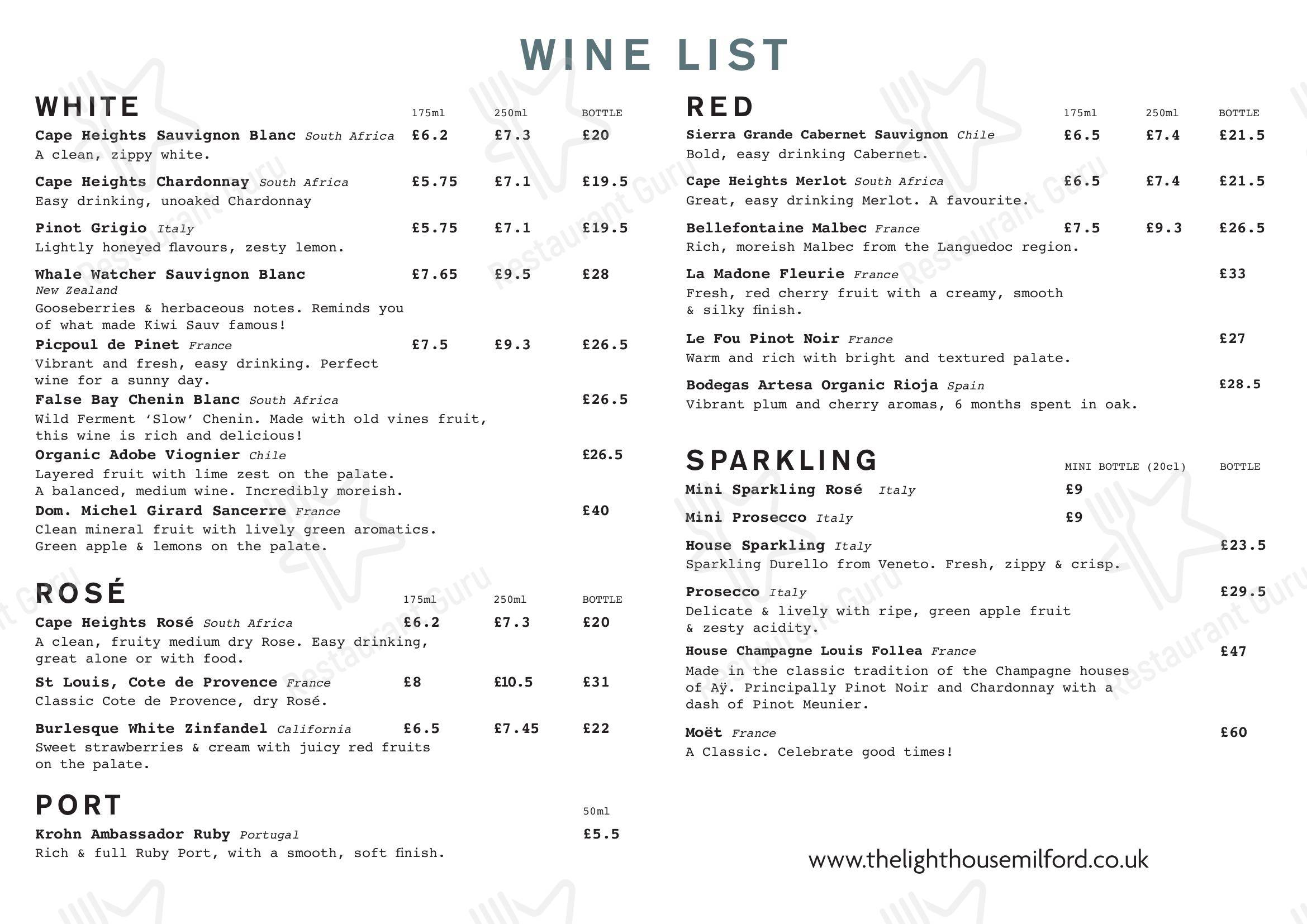 Menu at The Lighthouse restaurant, Lymington