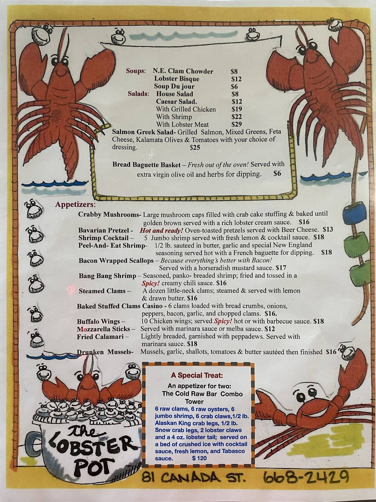 Menu at The Lobster Pot restaurant, Lake George