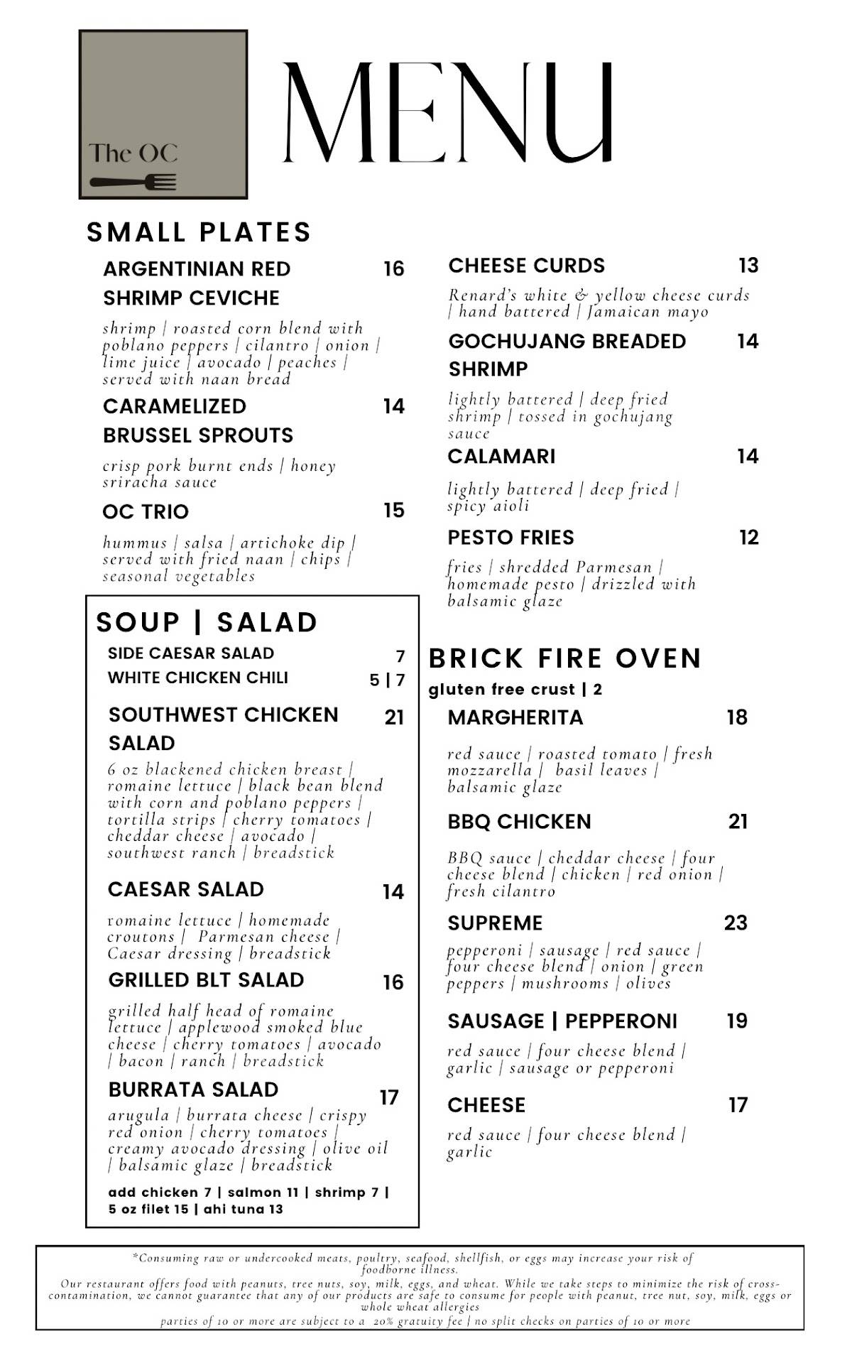 Menu at The OC restaurant, Green Bay