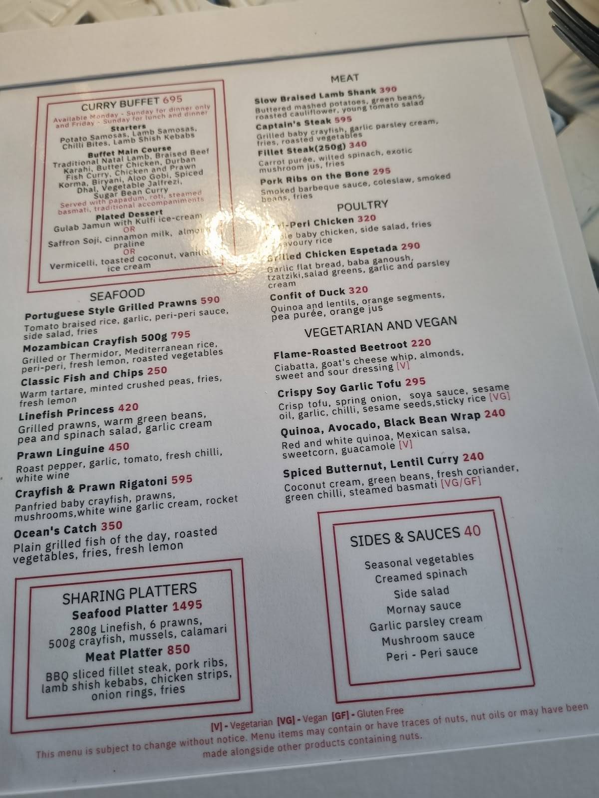 Menu at The Ocean Terrace restaurant, Umhlanga