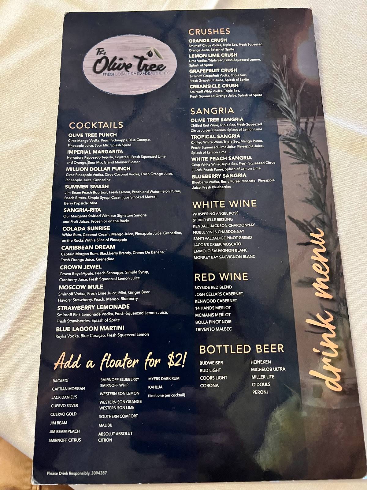Menu at The Olive Tree restaurant, Glen Burnie