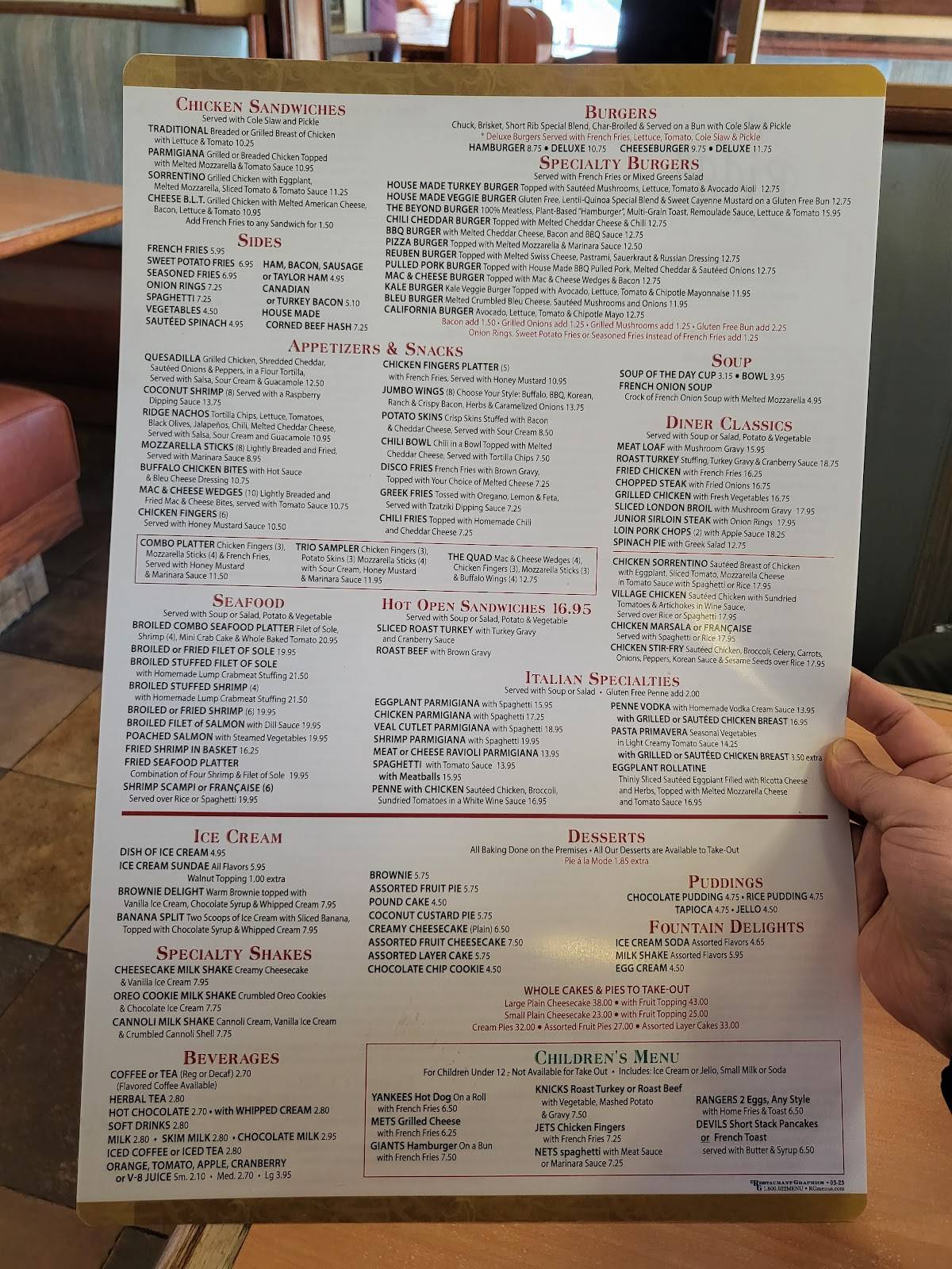 Menu at The Ridge Diner restaurant, Park Ridge