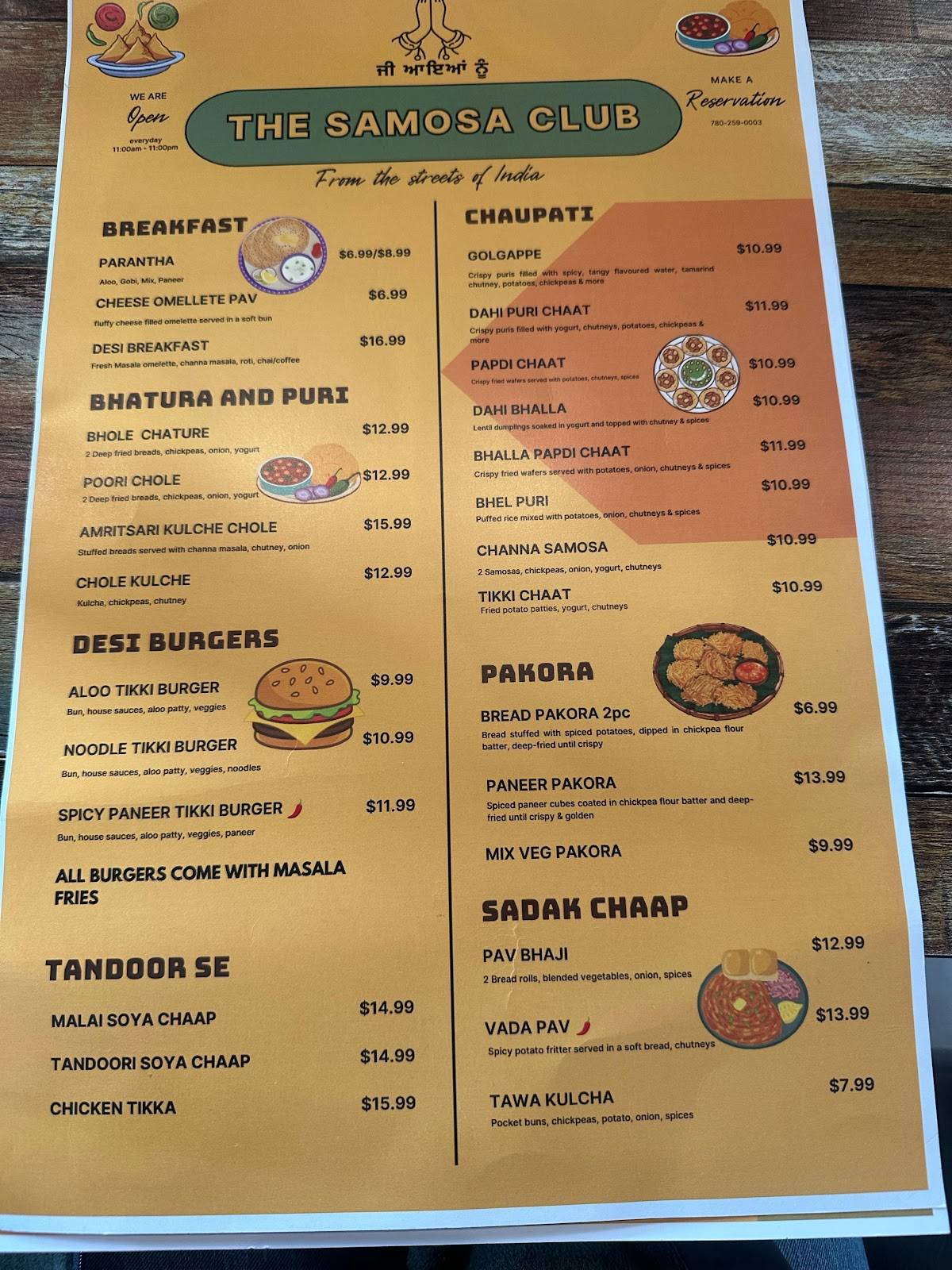 Menu at The Samosa Club Indian Street Food, Edmonton