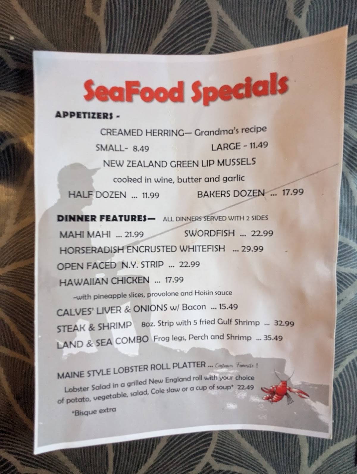 Menu at The Seafood Restaurant, Sylvania