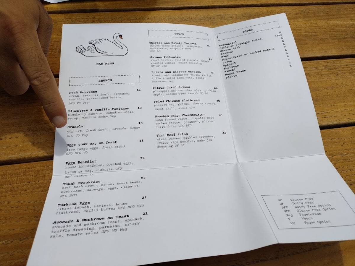 Menu at The Swan restaurant, Dunedin