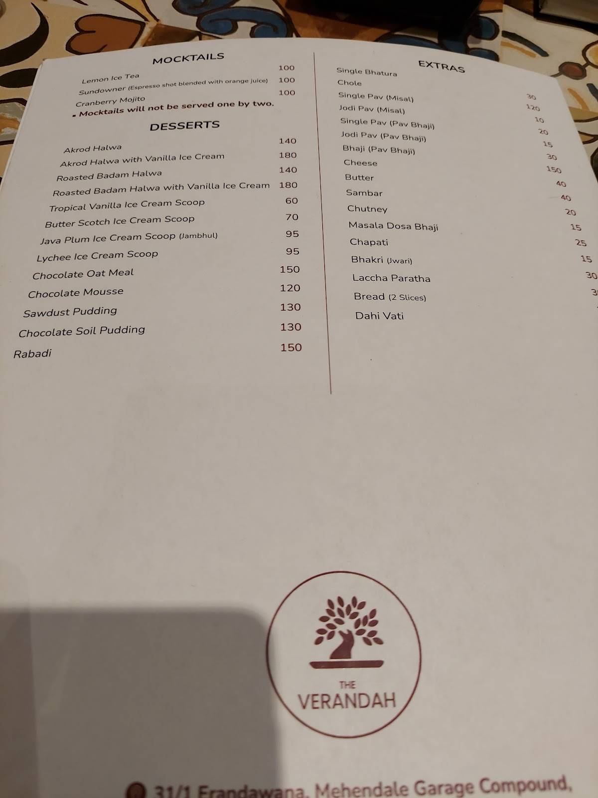 Menu at Verandah, Pune