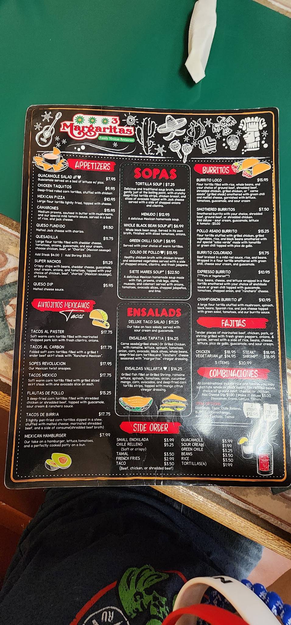 Menu at Three Margaritas restaurant, Sidney, Silverberg Dr a