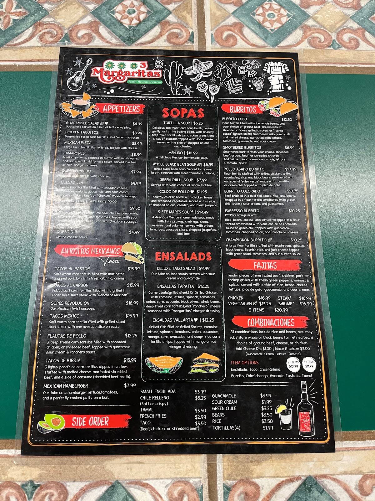 Menu at Three Margaritas restaurant, Sidney, Silverberg Dr a
