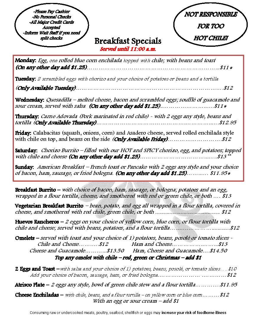 Menu at Tia Sophia's restaurant, Santa Fe