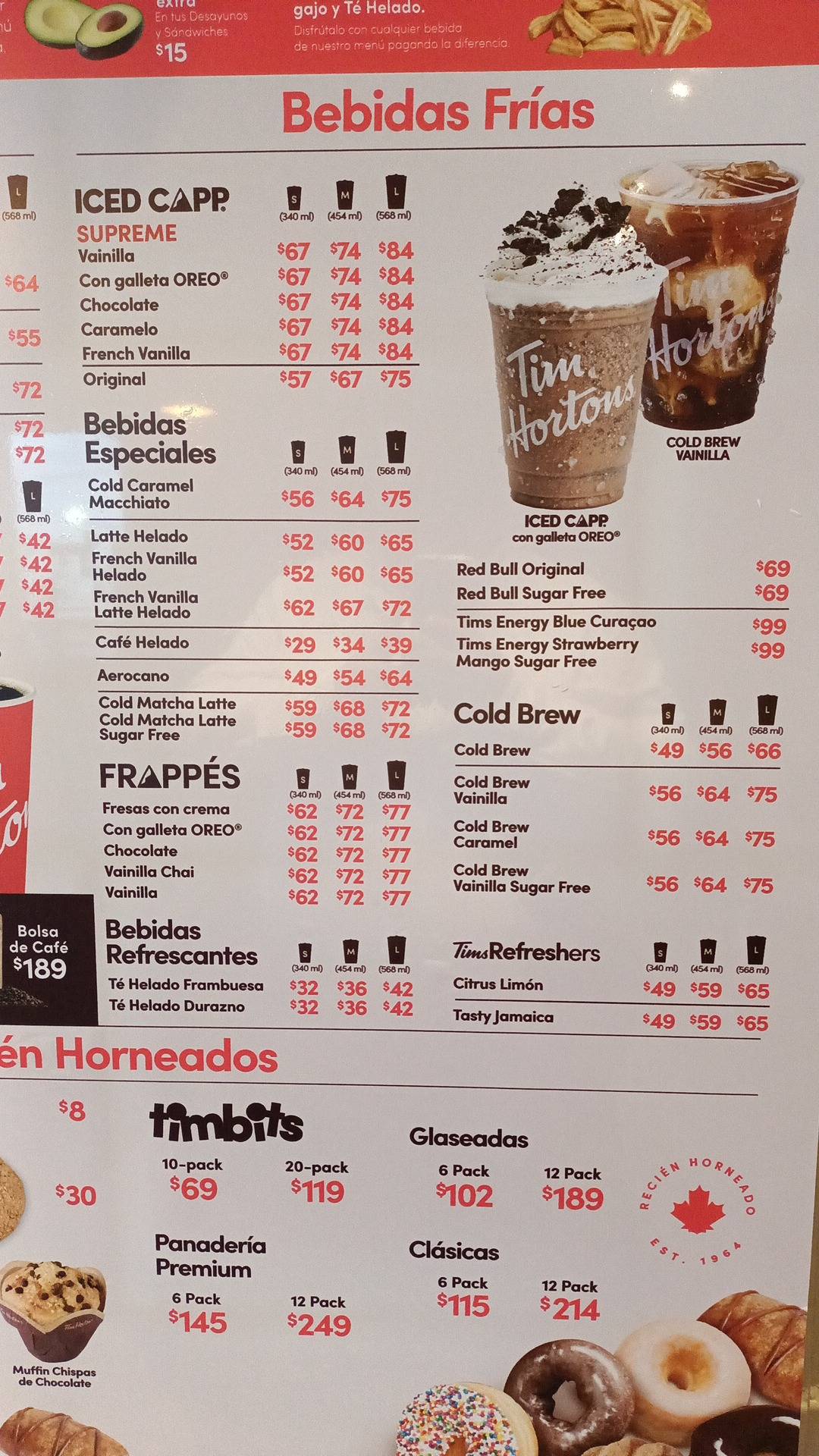 Menu at Tim Hortons Petrocentro 1 Oriente cafe, Mexico